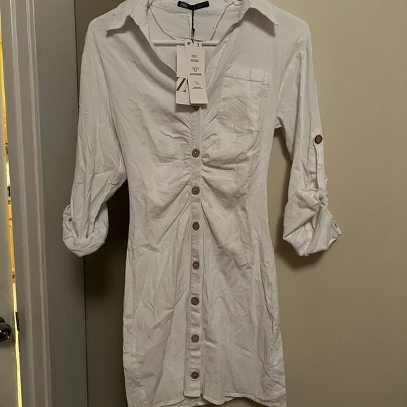 Zara | Dresses | Zara White Button Up Semi Ruched Dress | Poshmark